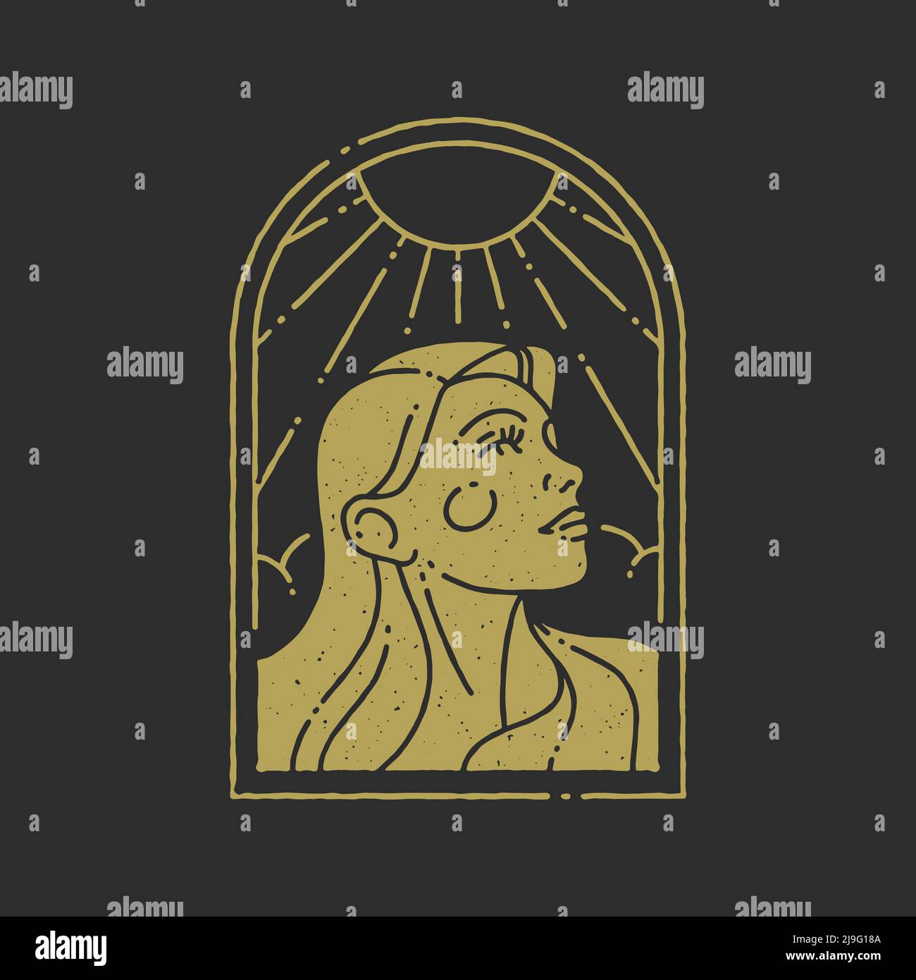 Esoteric antique woman in golden frame with sun beams minimalist ...