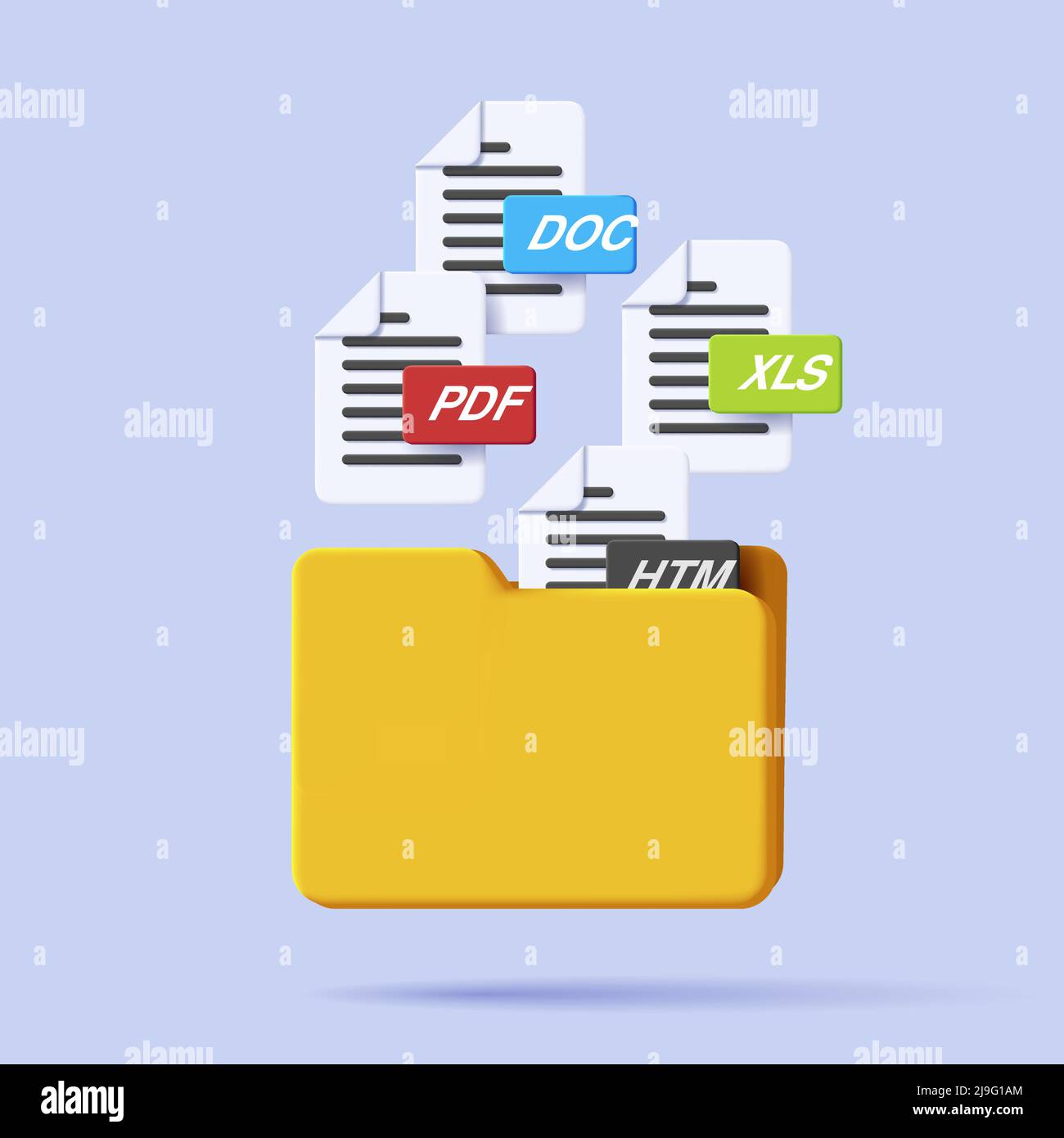 3d icon with yellow folder with different files format falling into it ...