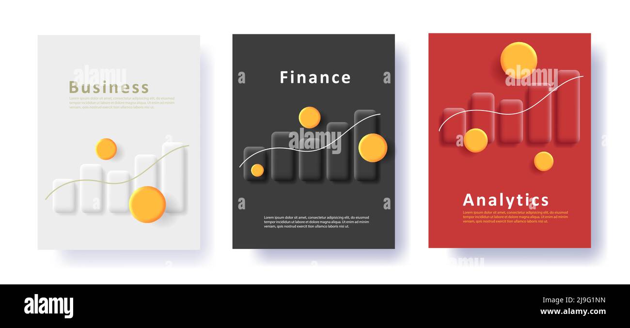 Set of business posters with 3d illustration of bar chart with coins ...