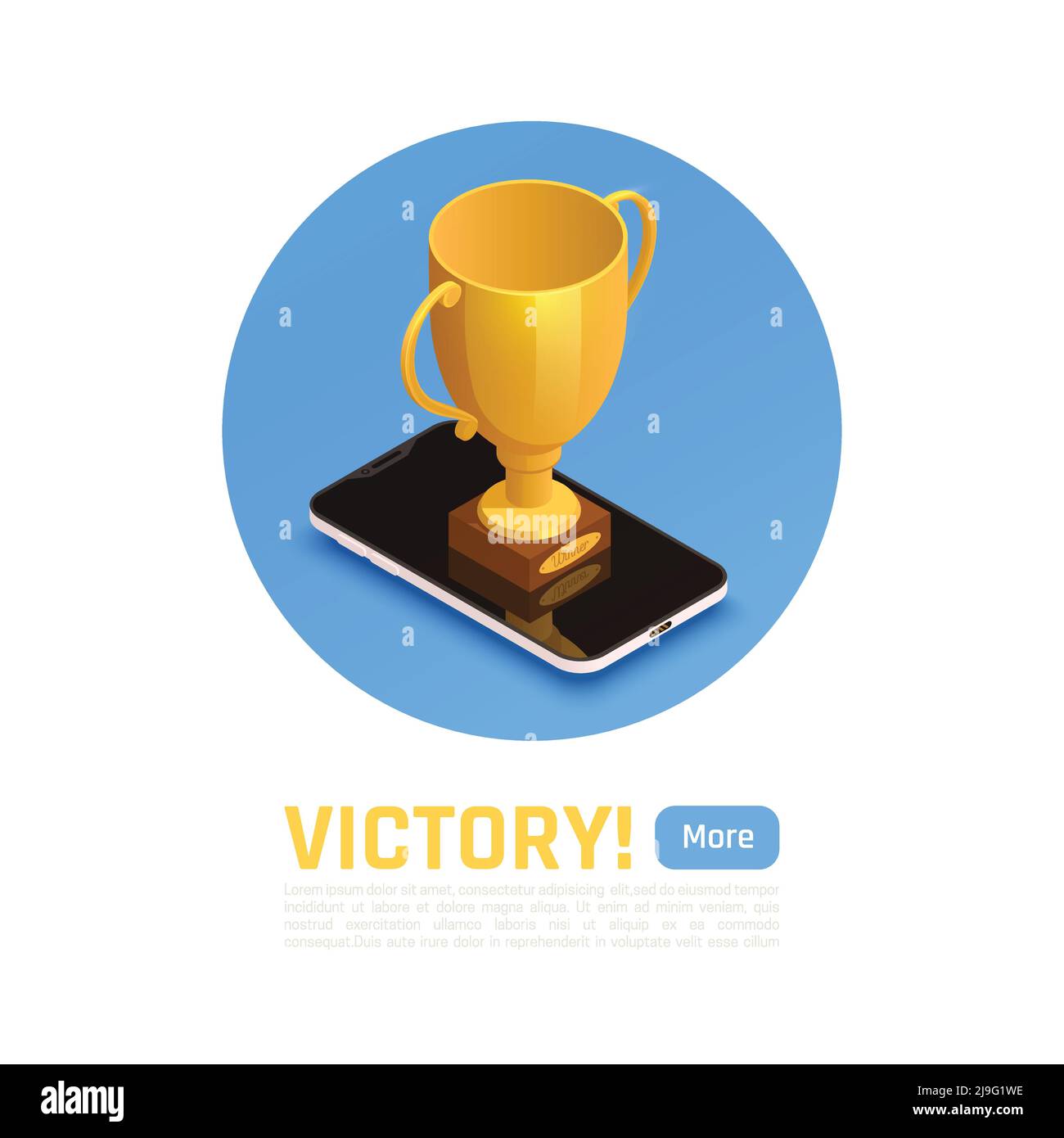 Winner isometric composition with victory headline more button and big ...