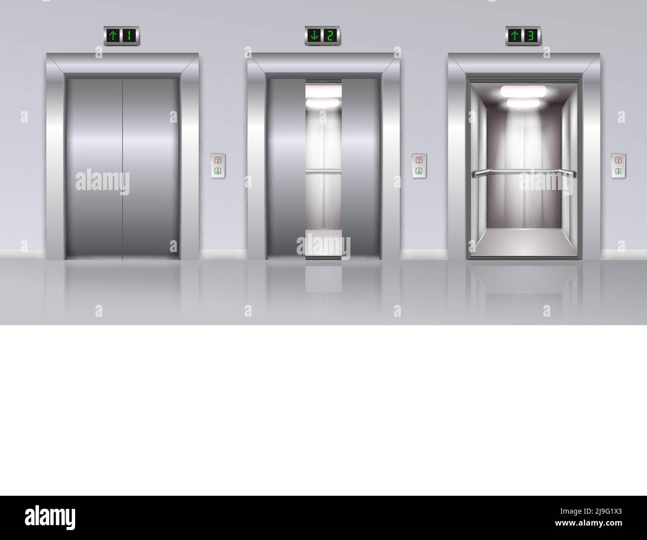 Realistic composition with three iron elevators in different stages ...
