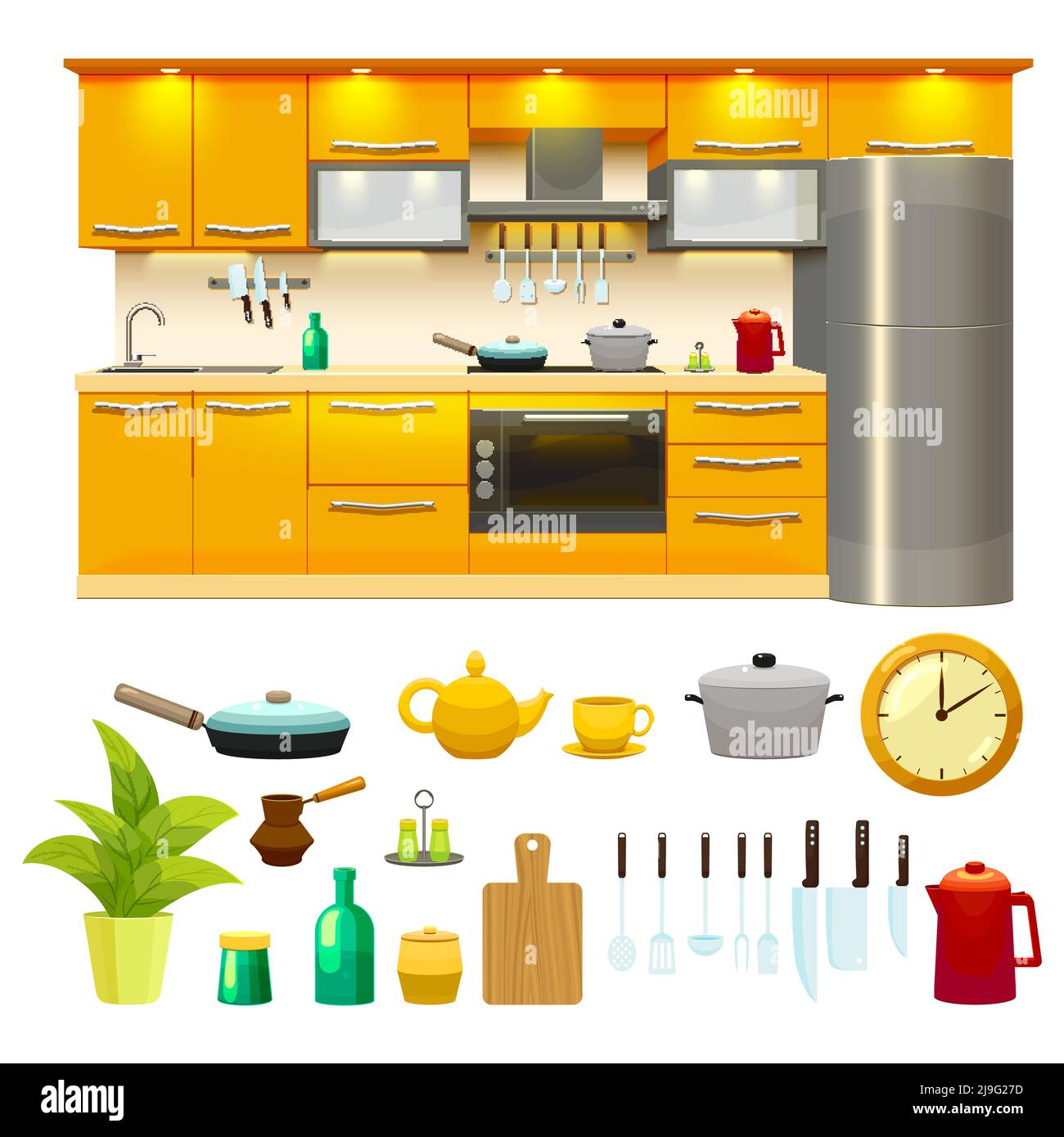 Kitchen design with interior composition and cooking outfit cartoon ...