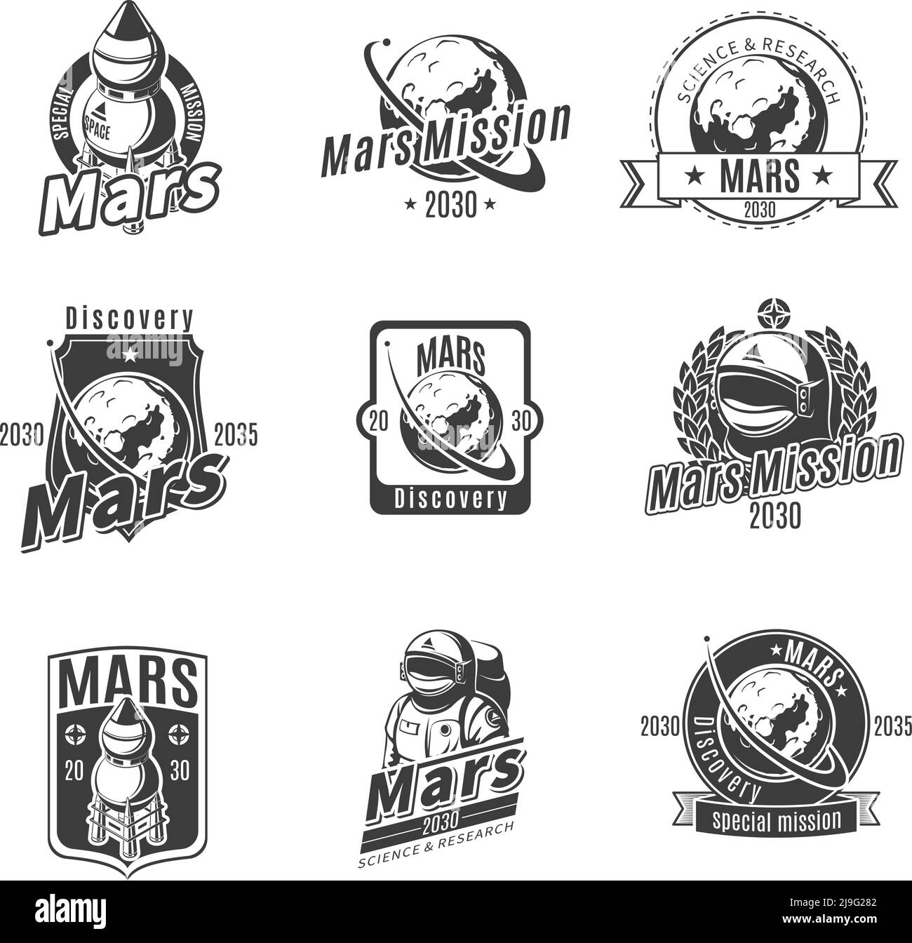 Vintage monochrome Mars research labels set with inscriptions rockets ...