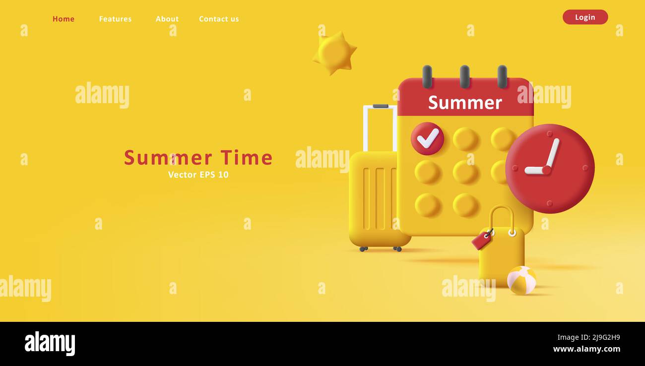Summer Time Travel 3d Yellow Sunny Illustration With Calendar And