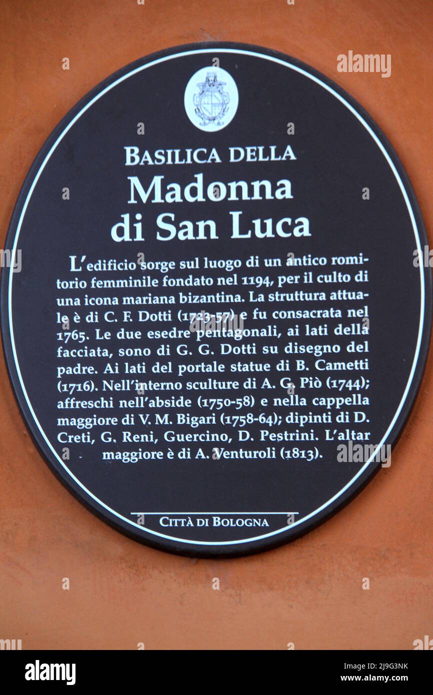 Bologna, Italy. Informational plaque at the famous Sanctuary of the ...