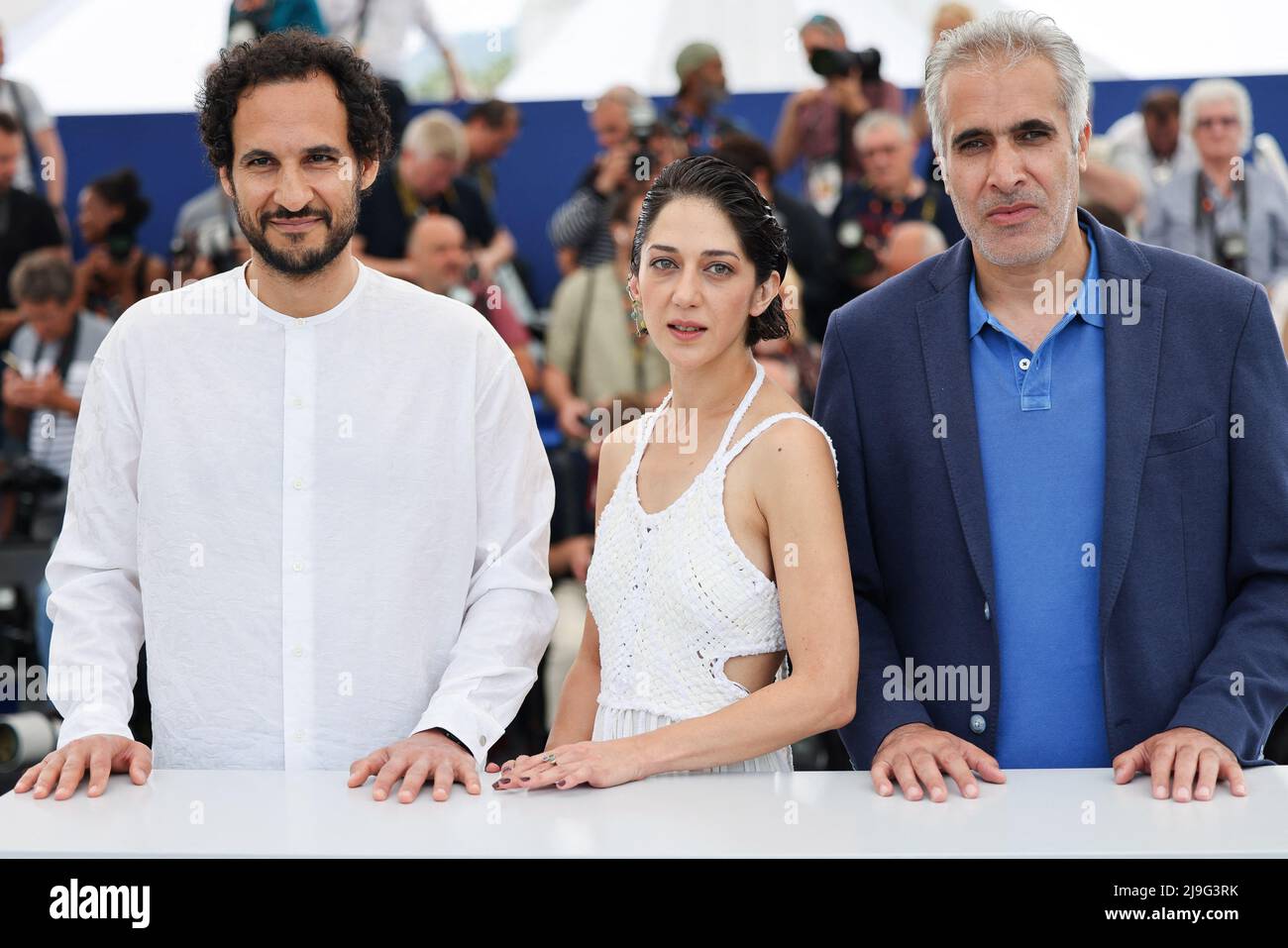 Cannes, France. 23rd May, 2022. Director Ali Abbasi, Zar Amir Ebrahimi, and Mehdi Bajestani ...