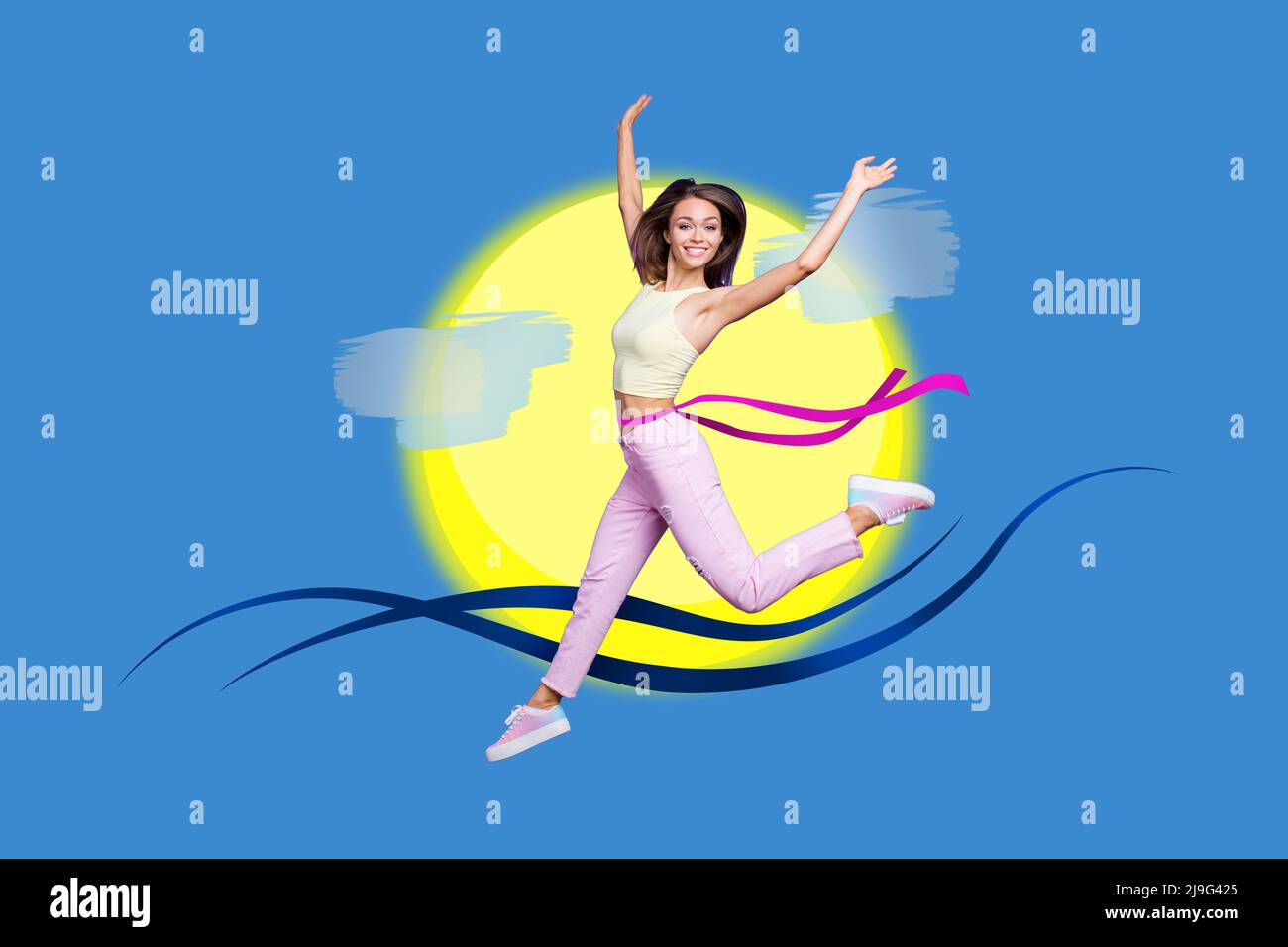 Creative magazine poster of active woman levitate run reach finish ...