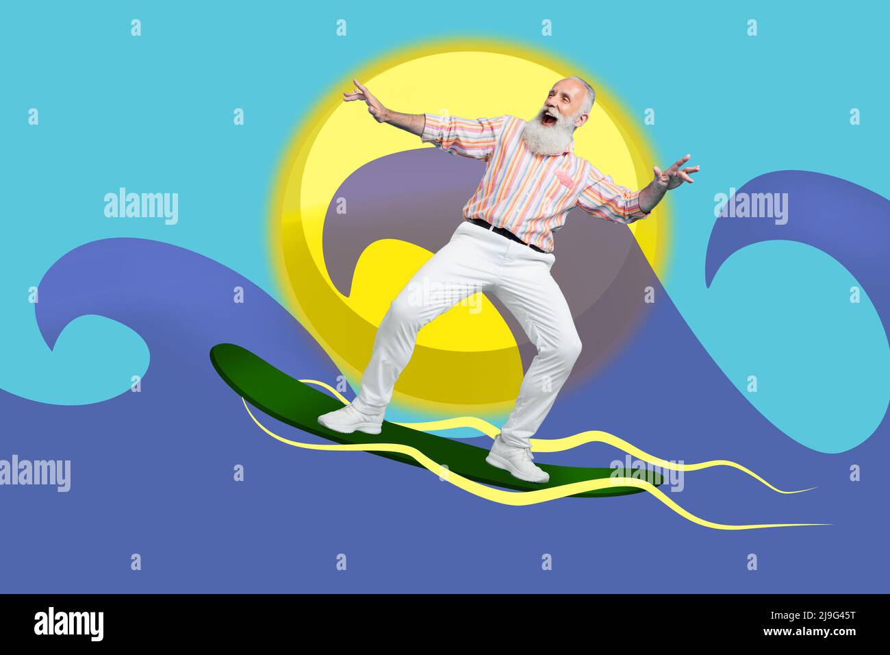 Creative artwork banner of cool retired pensioner man surfing catch big ...