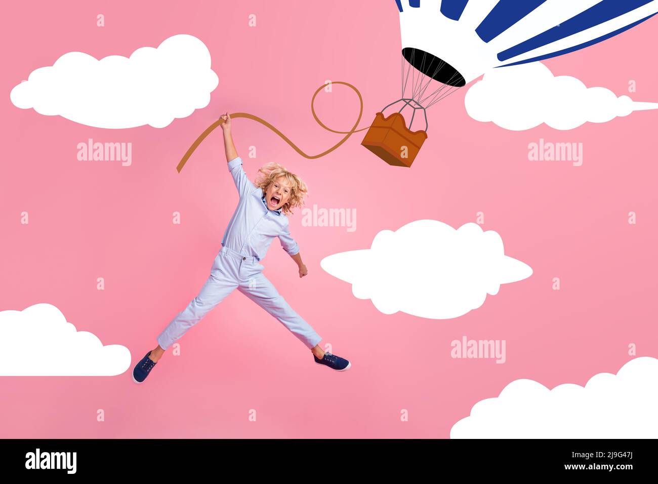 Creative artwork cartoon sketch of boy screaming crazy fast air balloon ...