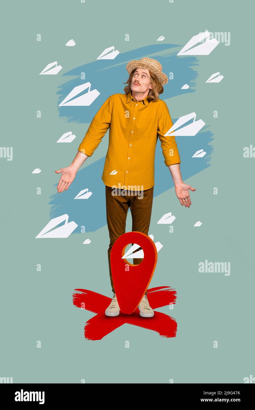 Creative artwork poster of guy stand red marker look airplane fly not ...