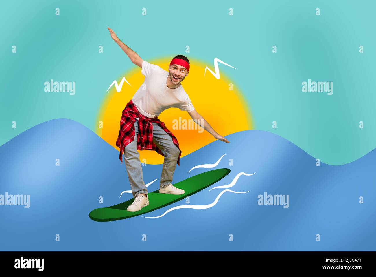Creative artwork poster of cool sporty guy surfing big ocean wave hands ...
