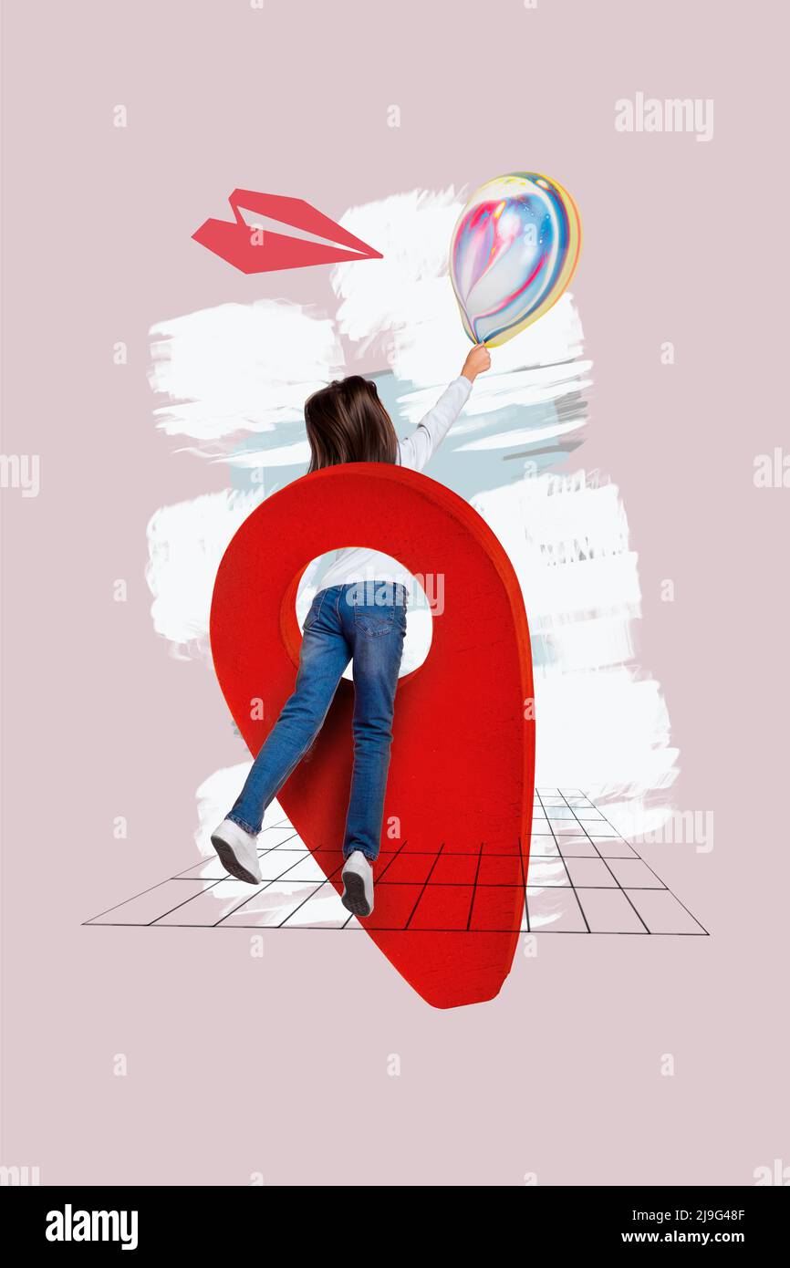 Creative artwork banner of cute lady travel weekend air balloon stuck ...