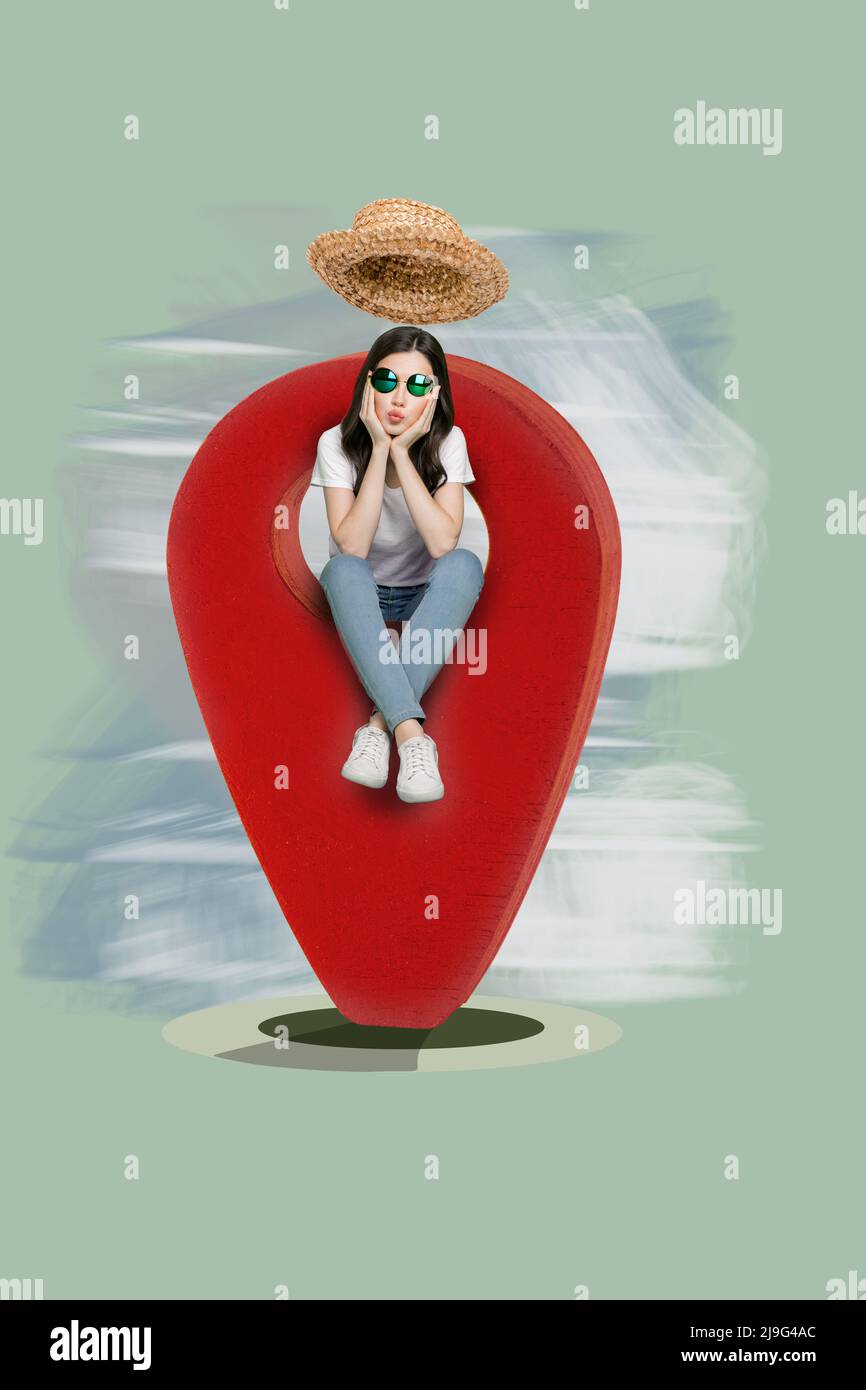 Creative abstract pop poster of frustrated girl sit big red pointer ...