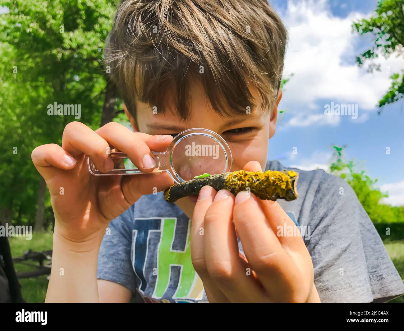 Boy with magnifying glass looking at a small green bug outdoors in a ...