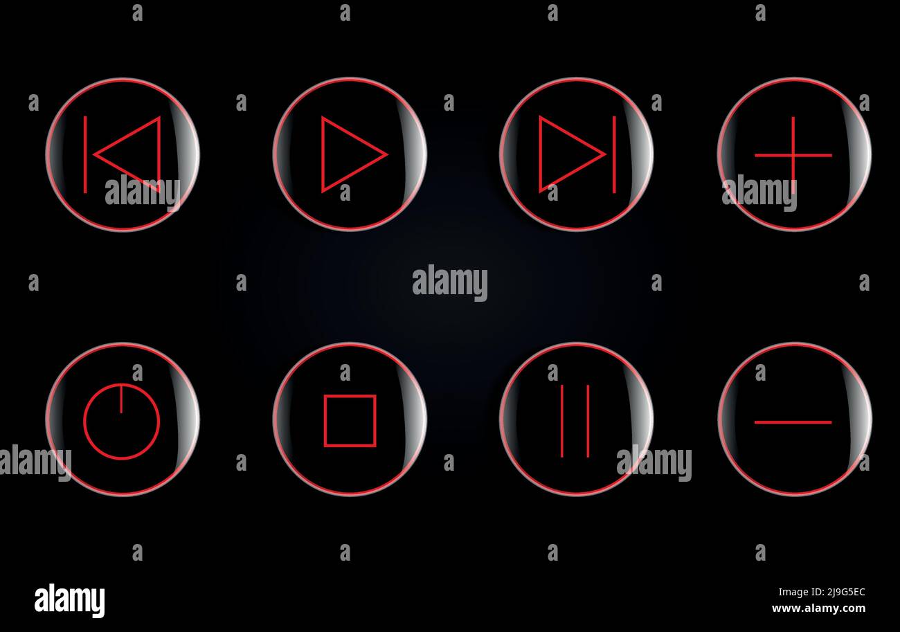 a set of glossy buttons with music player button icons on a black ...
