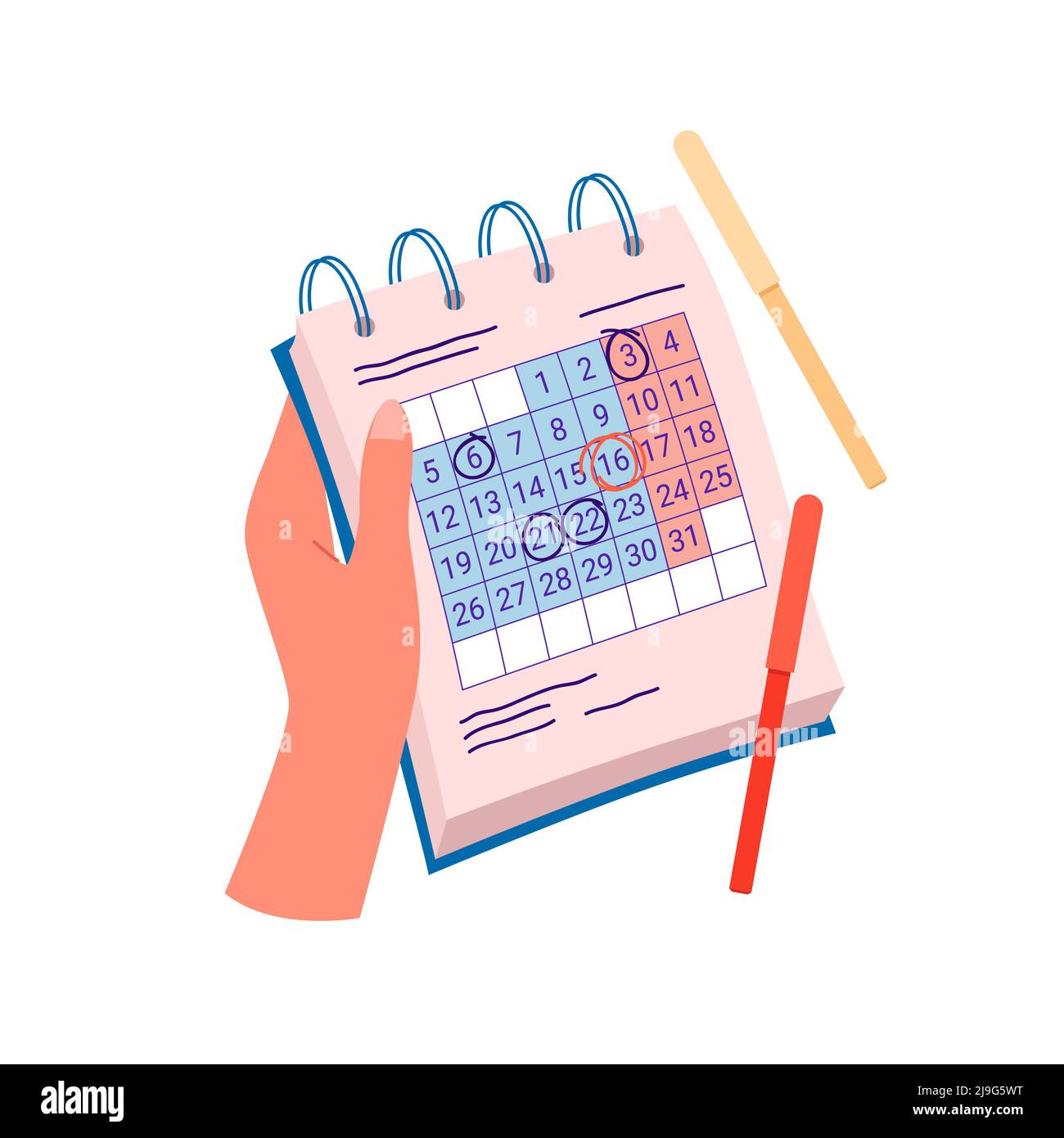 Human hand holding paper calendar with spiral coils and pen marked ...