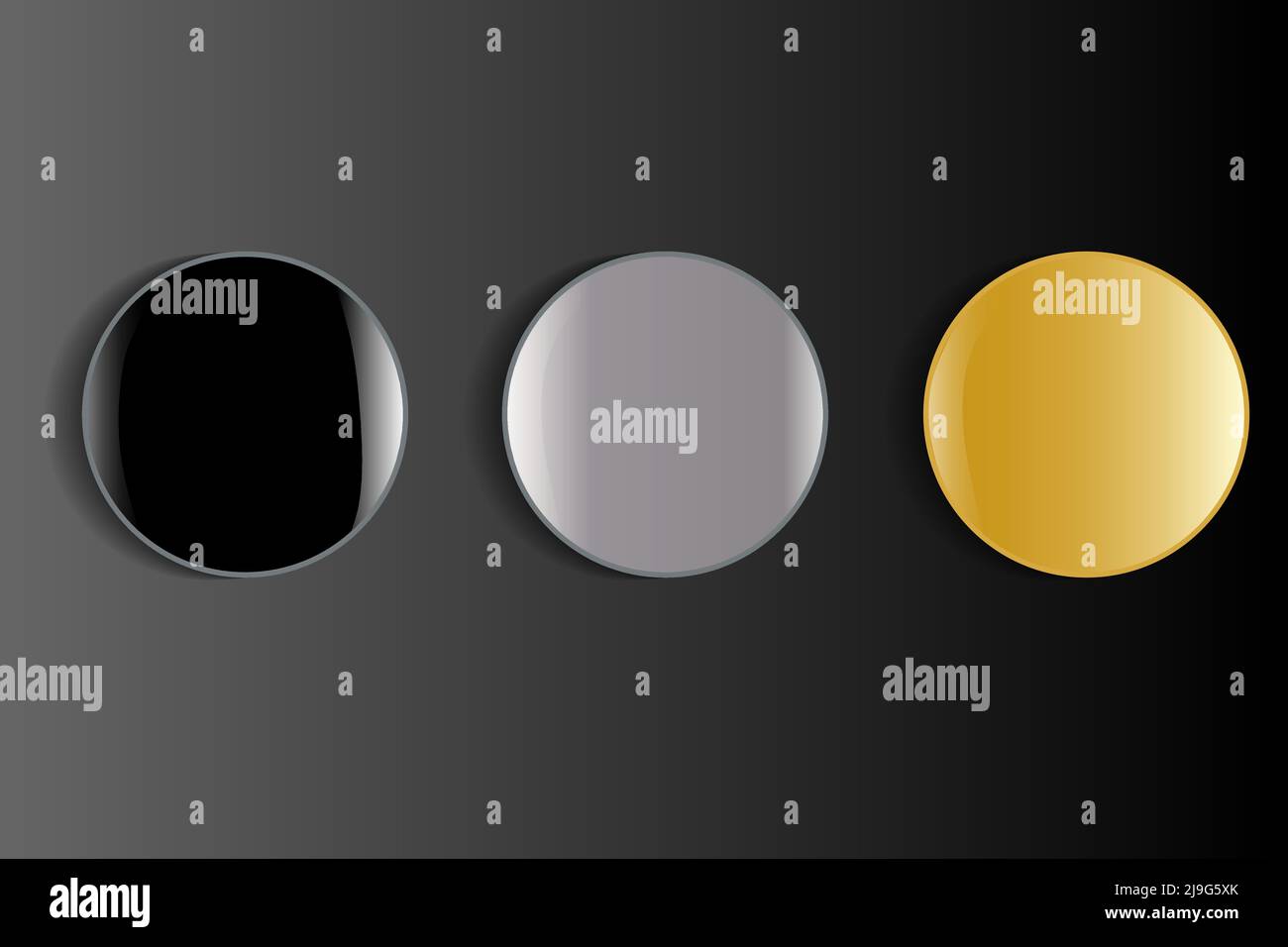 three round convex glossy objects . gold, silver, and glossy black. on ...