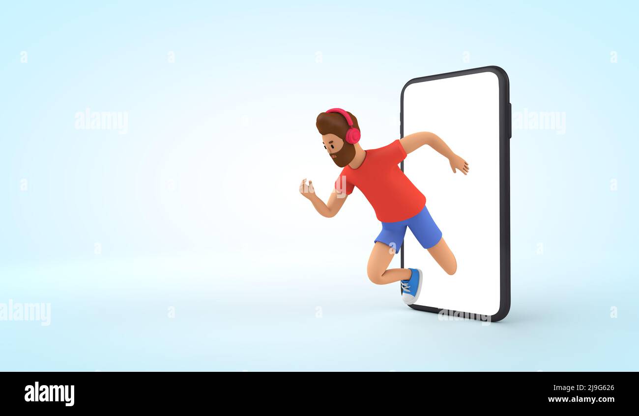 Fitness running app concept. 3d Rendering. Cartoon character.male ...