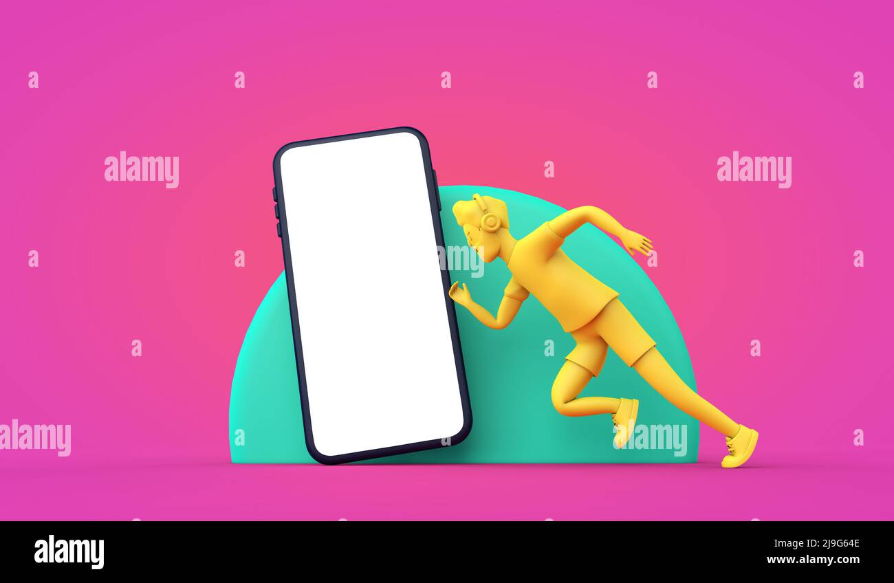 Fitness running app concept. 3d Rendering. Cartoon character.male ...