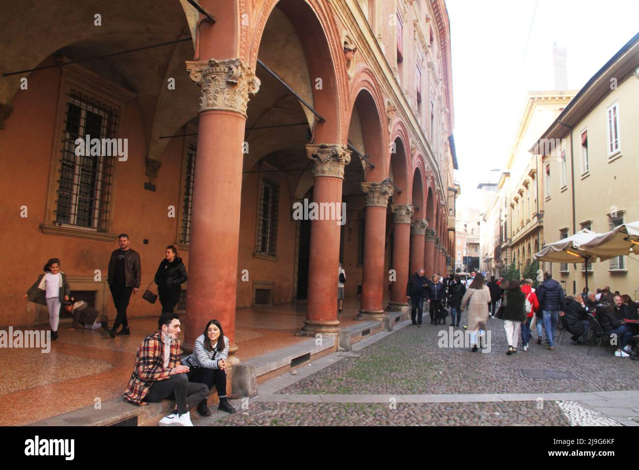 Bologna, Italy. Beautiful portico along Via Santo Stefano. People in ...