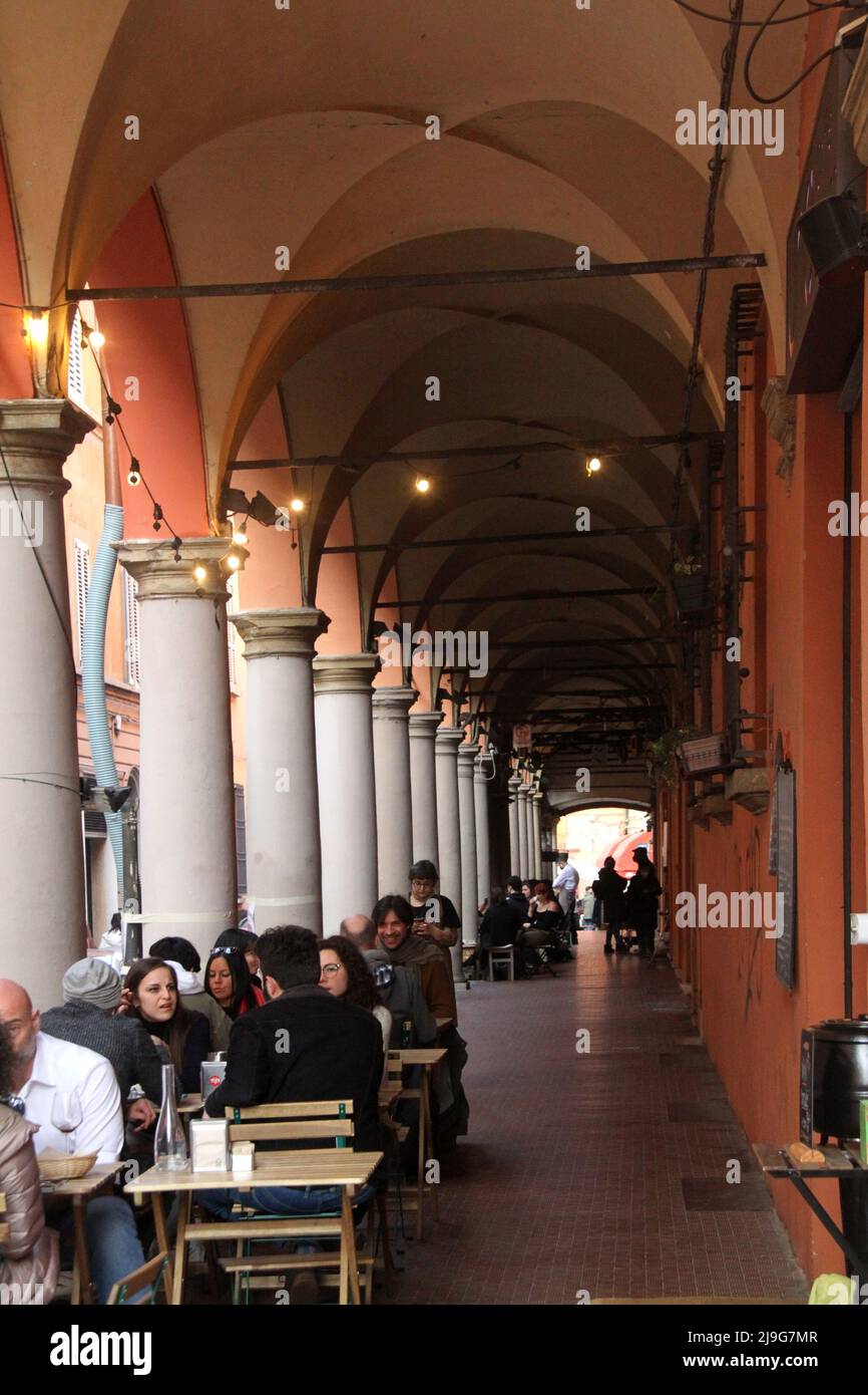 Outdoor seating area of a restaurant under a portico in the historical ...