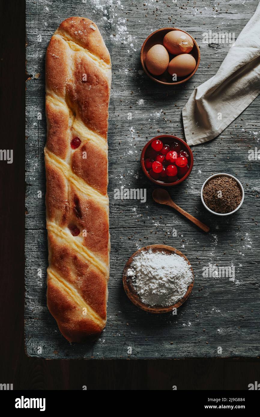 high angle view of a catalan coca de sant joan, a typical sweet flat ...