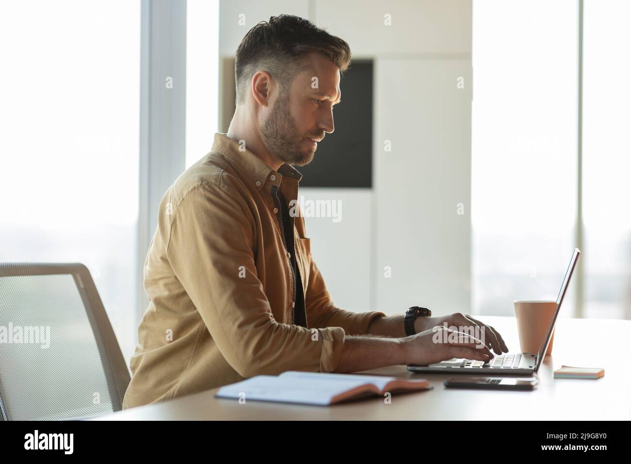 Side View Of Businessman Typing Using Laptop Working In Office Stock ...