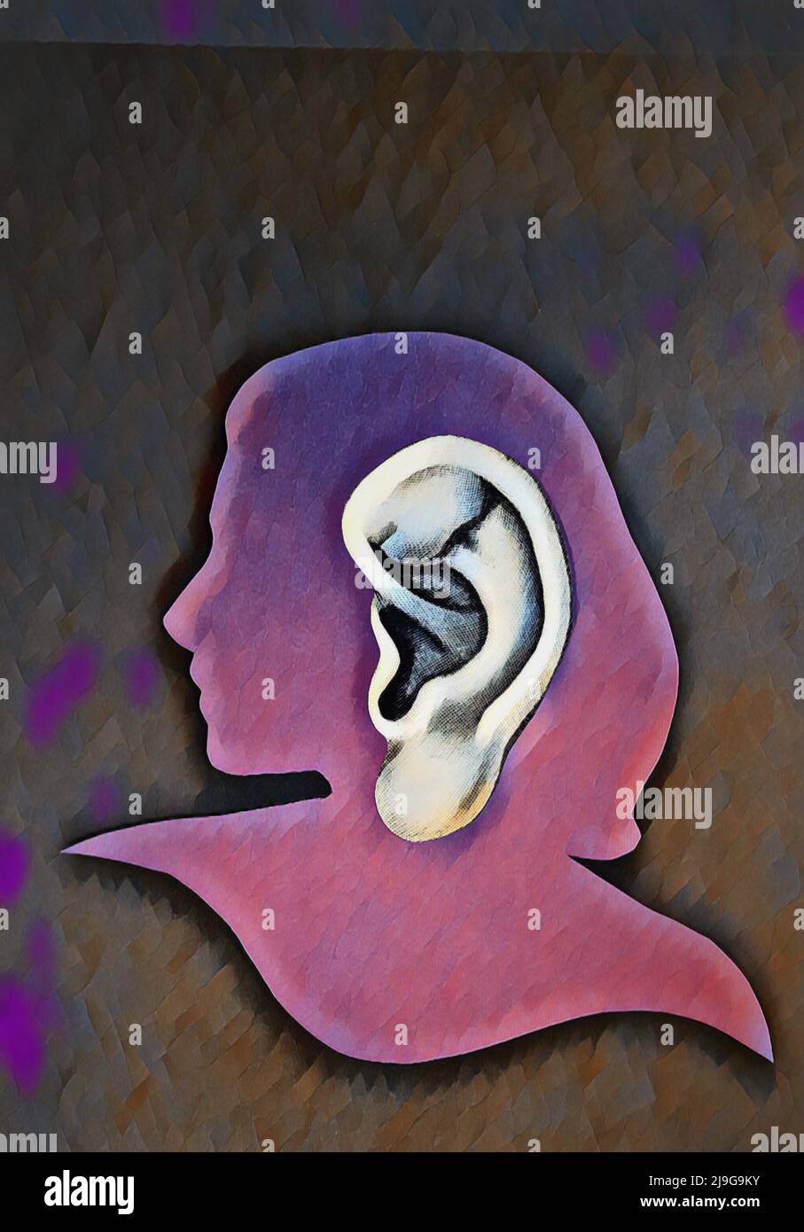 Collage illustration of a woman with an unusually large ear to ...