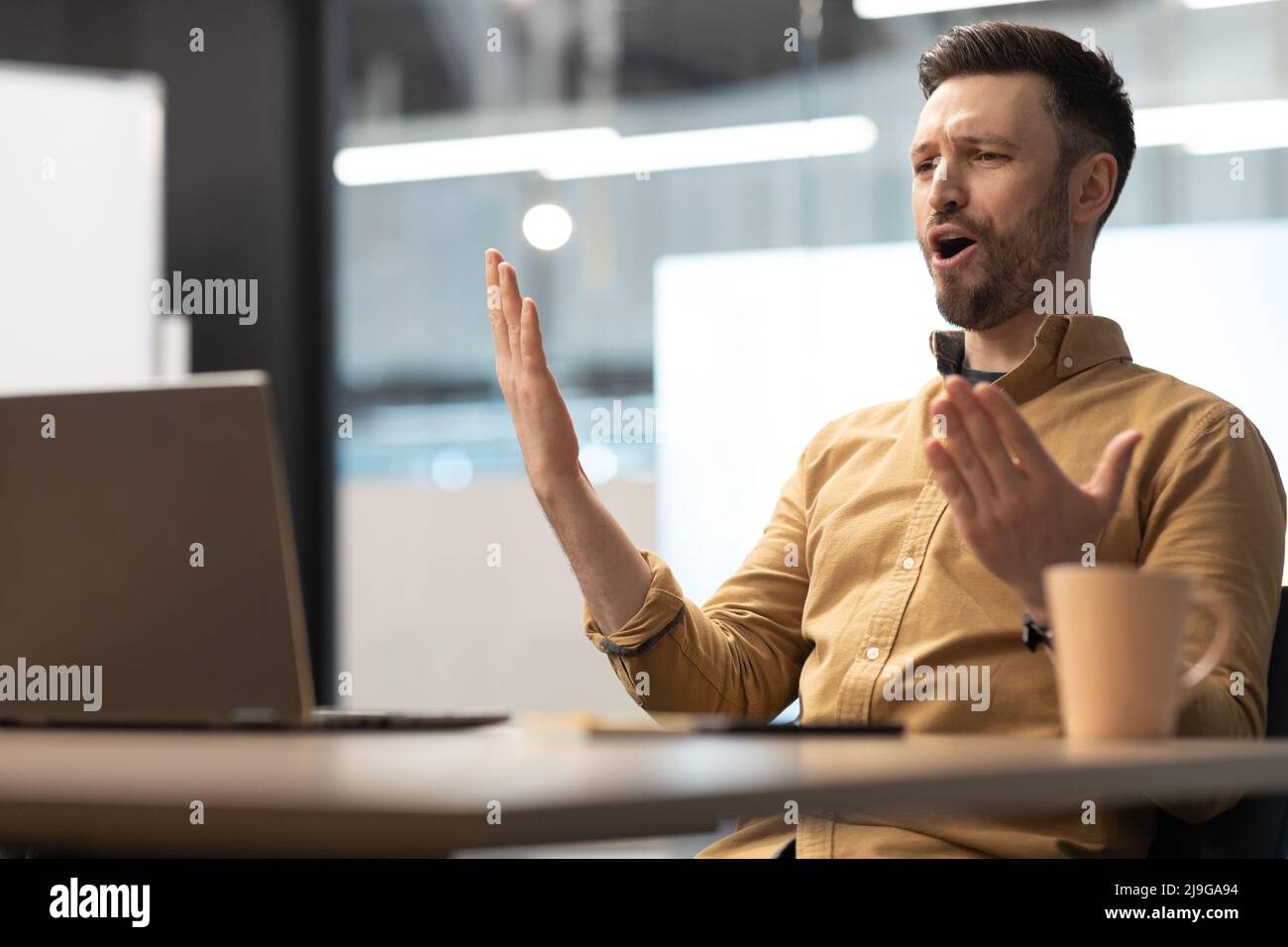 Discontented Business Man Making Video Call Having Problem In Office ...