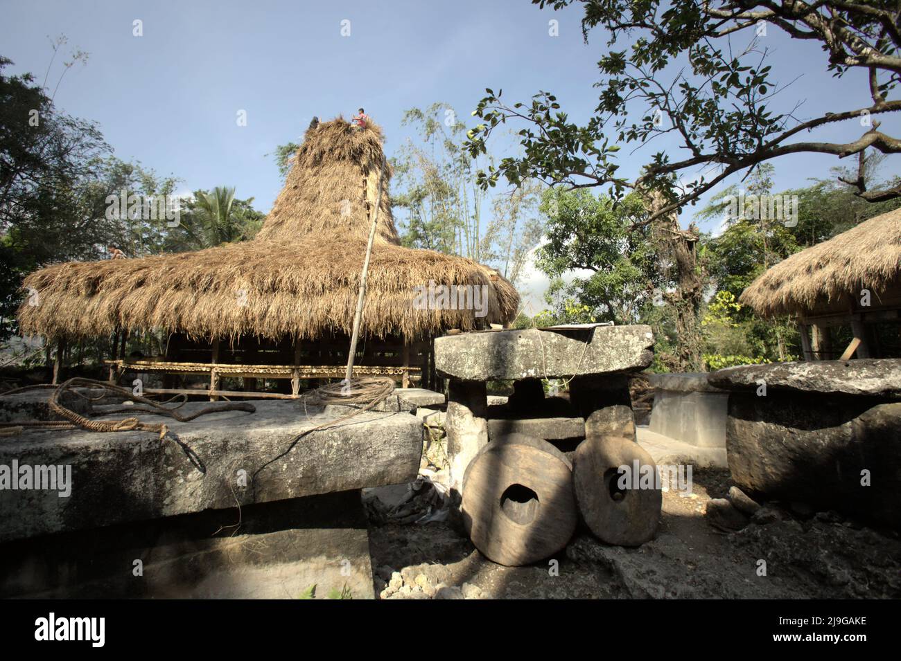 A house is getting new thatched on its roof in the traditional village ...