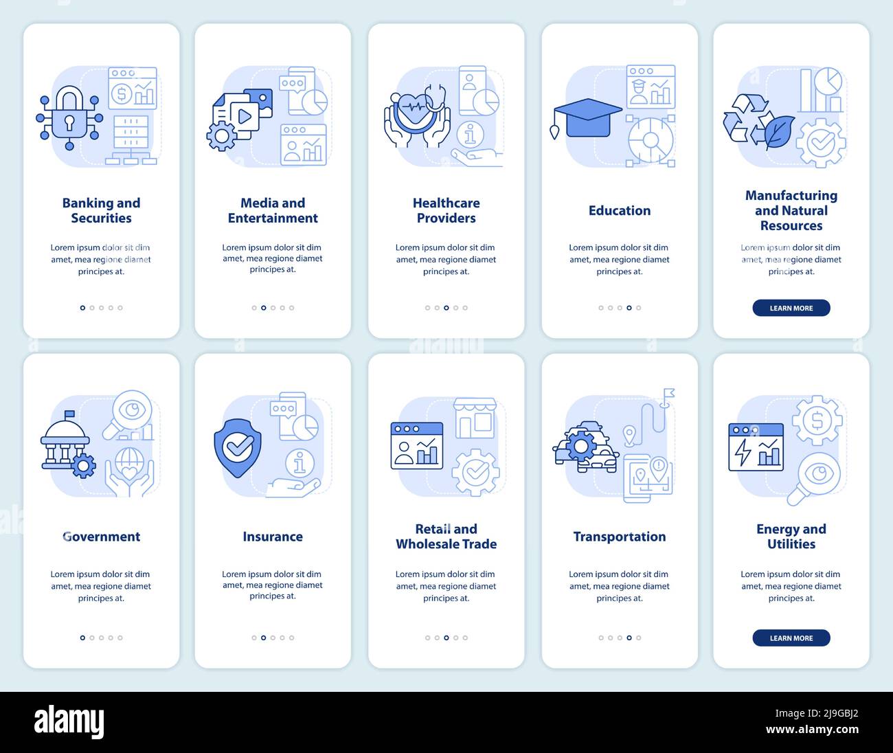 Big Data Applications Light Blue Onboarding Mobile App Screen Set Stock