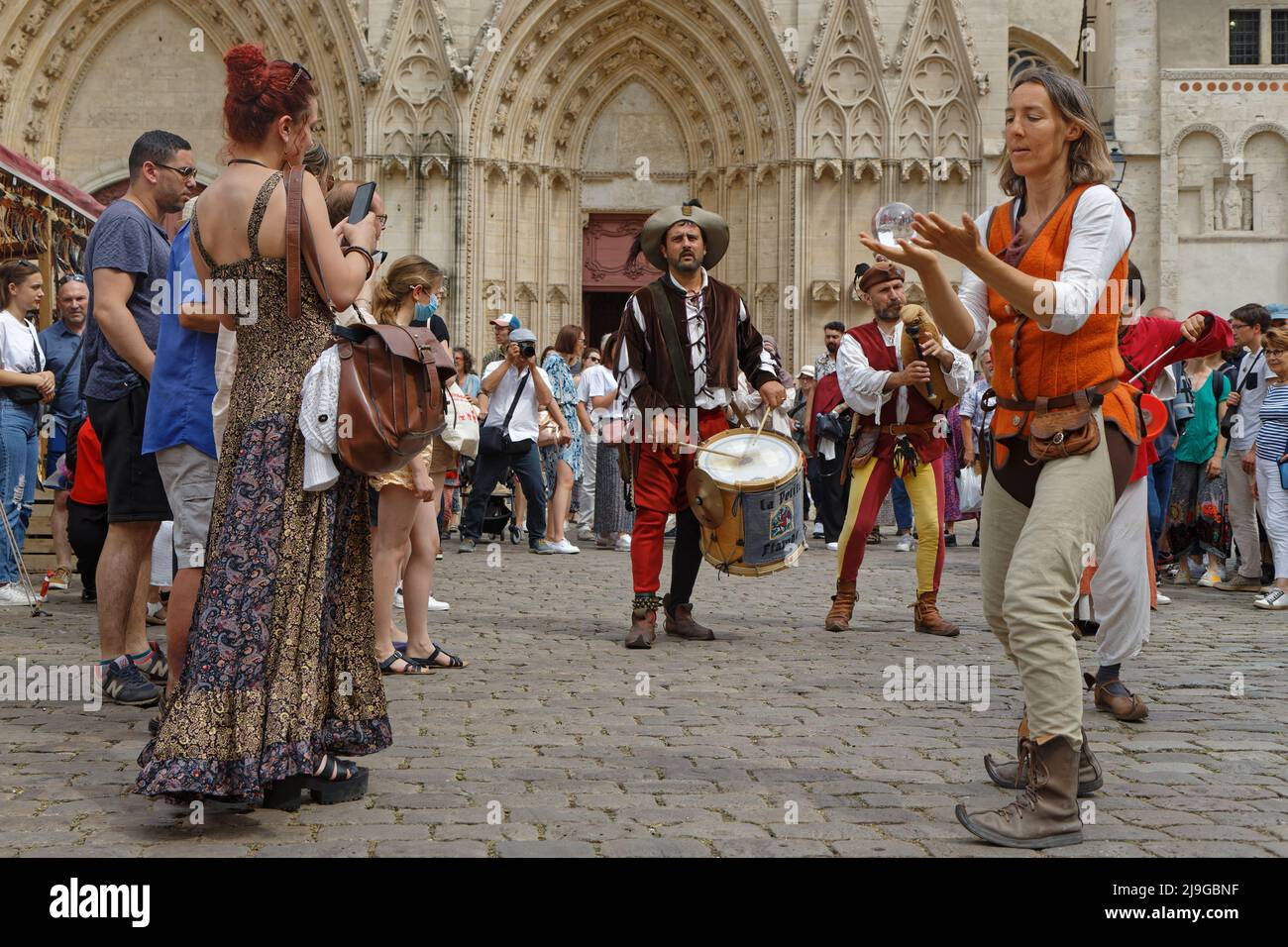 LYON, FRANCE, May 22, 2022 : Medieval musicians and juggles offer their ...