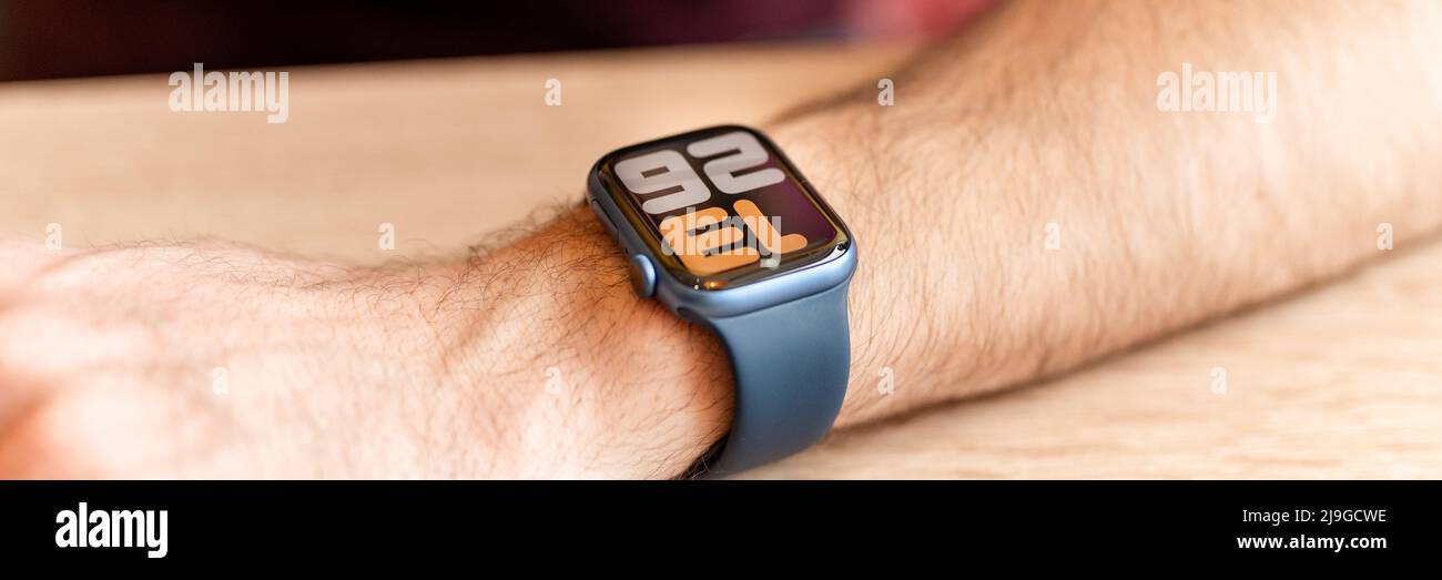 02.23.2022 Moscow. male hand with wrist smart apple watch. young man ...
