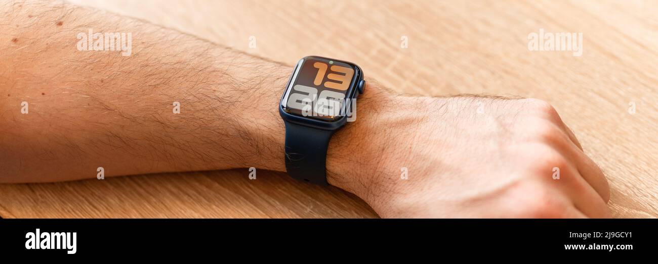 02.23.2022 Moscow. male hand with wrist smart apple watch. young man ...