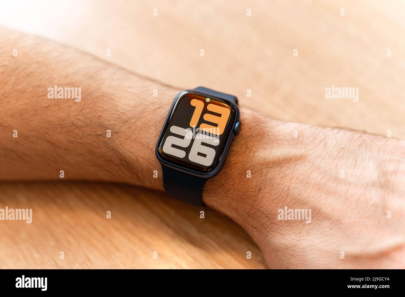 02.23.2022 Moscow. male hand with a wrist smart apple watch. young man ...