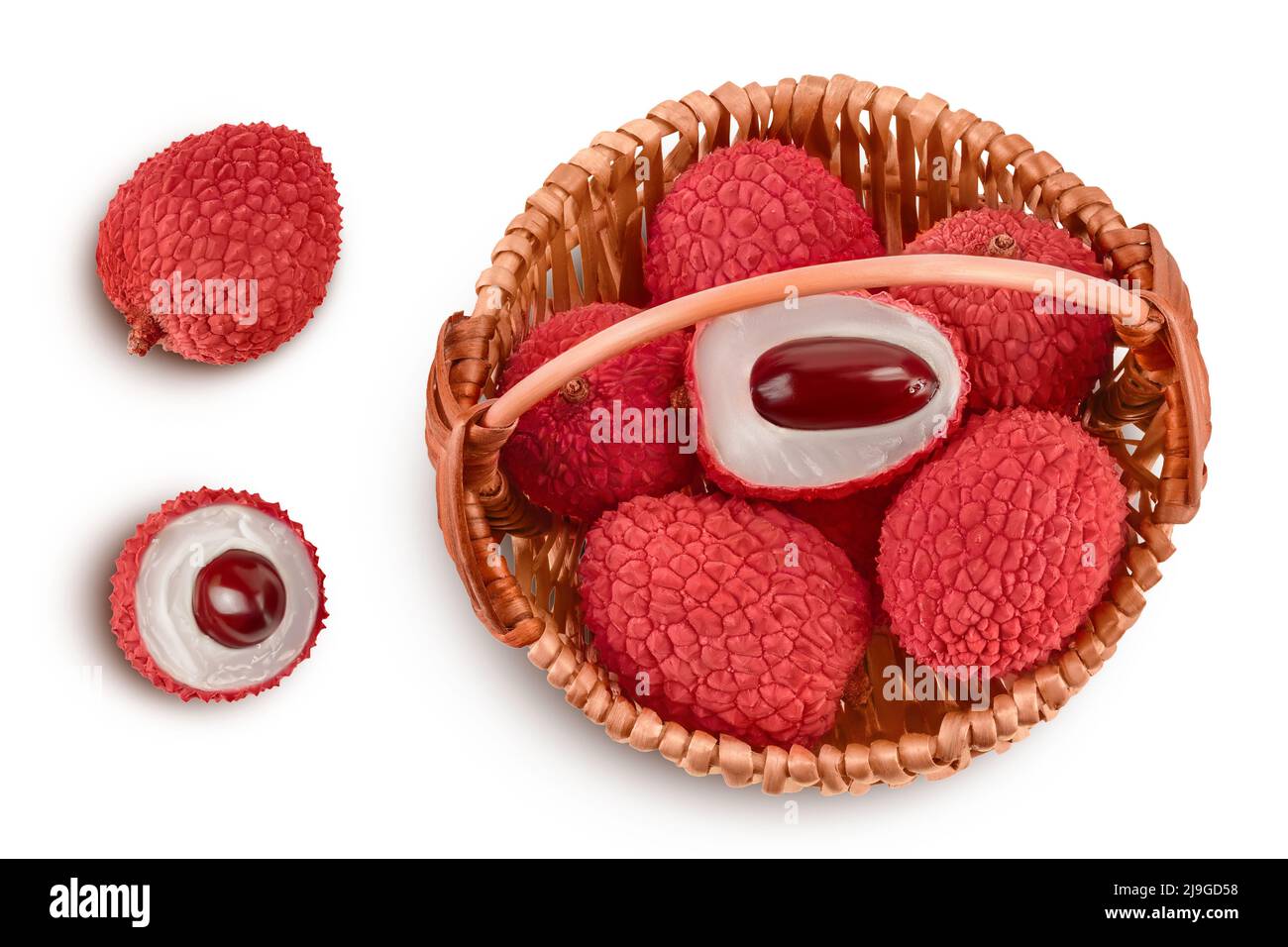 lychee fruit in wicker basket isolated on white background with ...