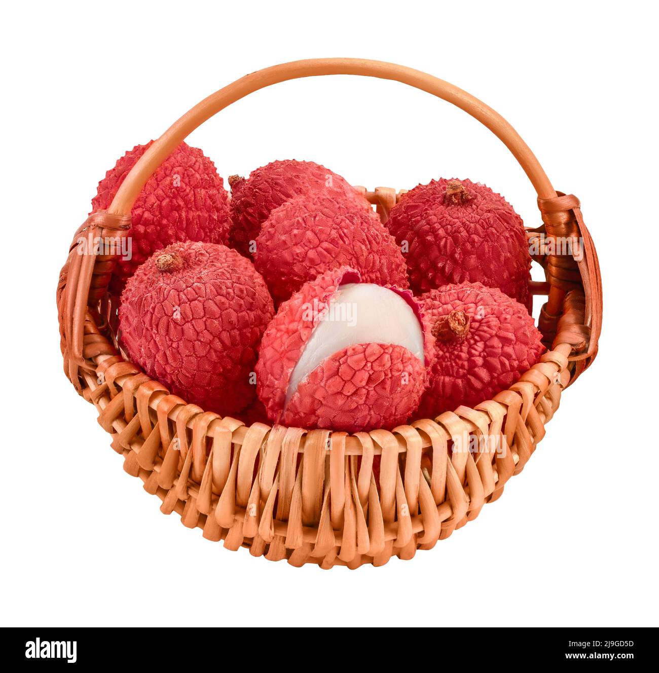 lychee fruit in wicker basket isolated on white background with ...