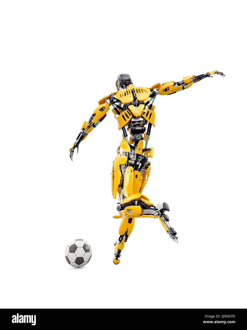 master cyber robot is kicking the football ball rear view, 3d ...