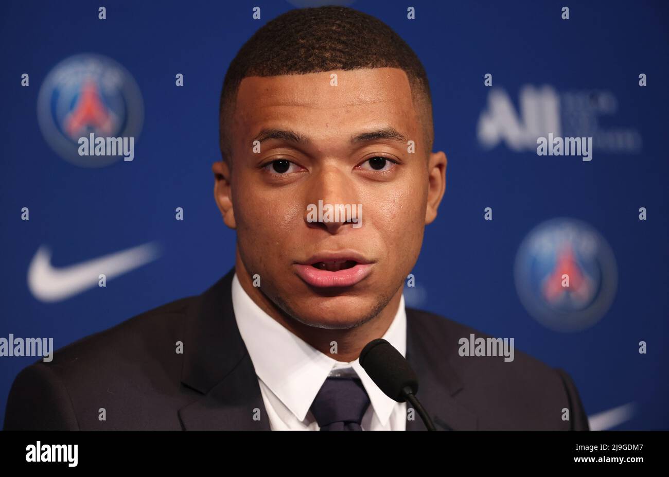 Paris, France, 23/05/2022, Kylian Mbappe of PSG during a press conference following the renewal ...