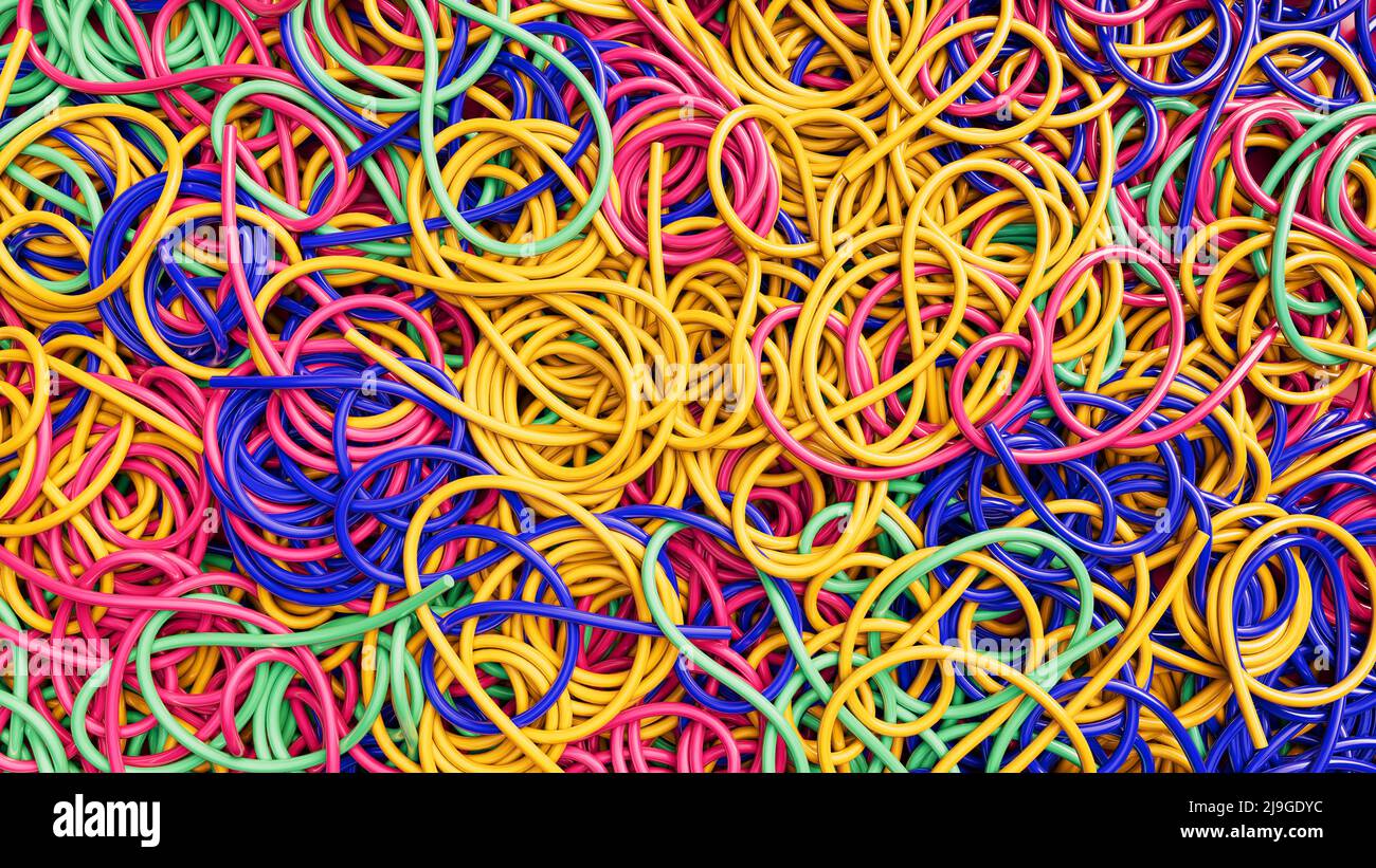 Background covered with a pile of tangled colorful candy wires. 3d ...