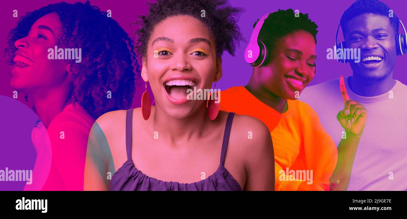 Positive american millennials having fun, collage, panorama Stock Photo ...