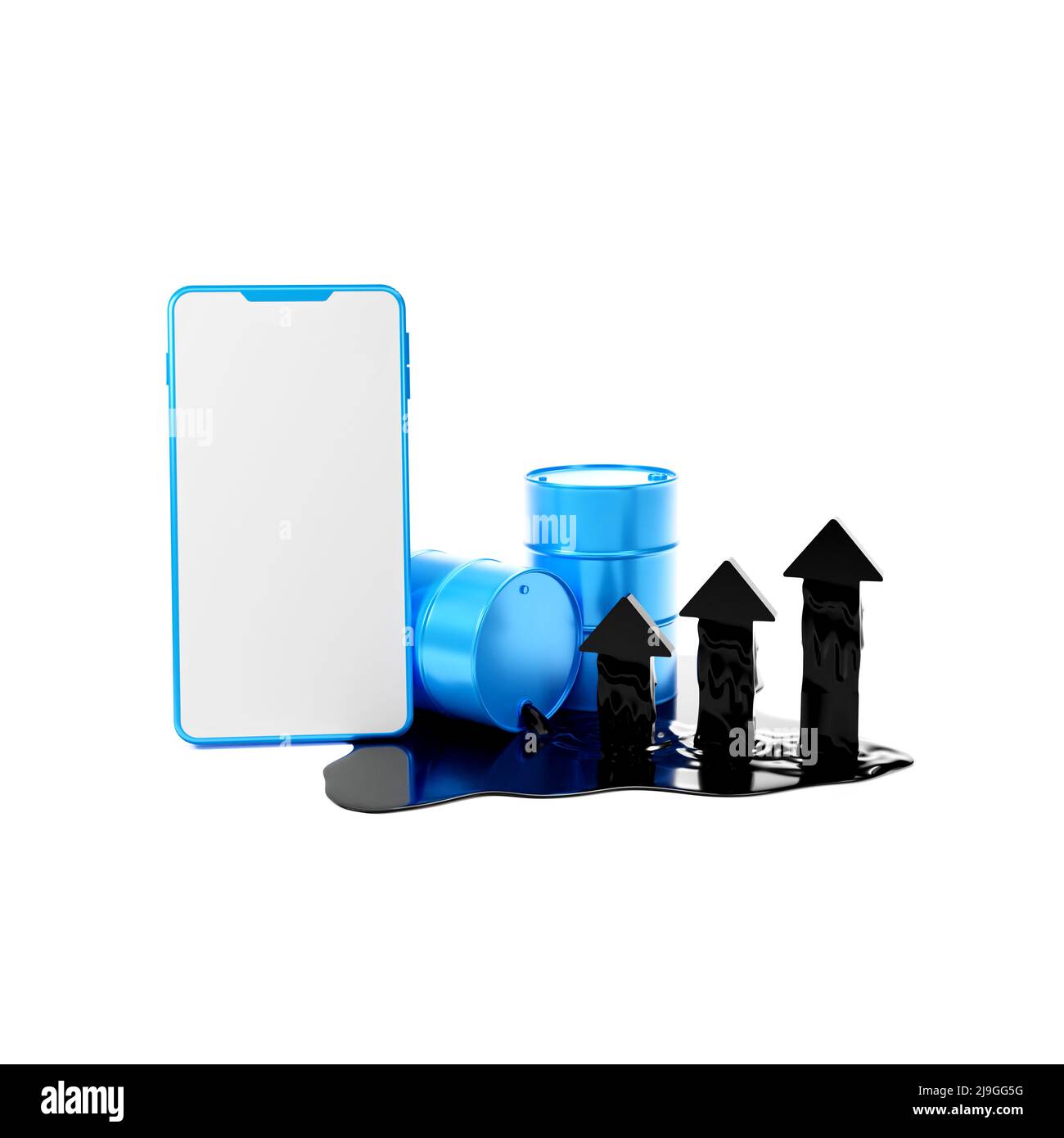 smartphone near falling blue oil tank causing oil to spill onto the ...