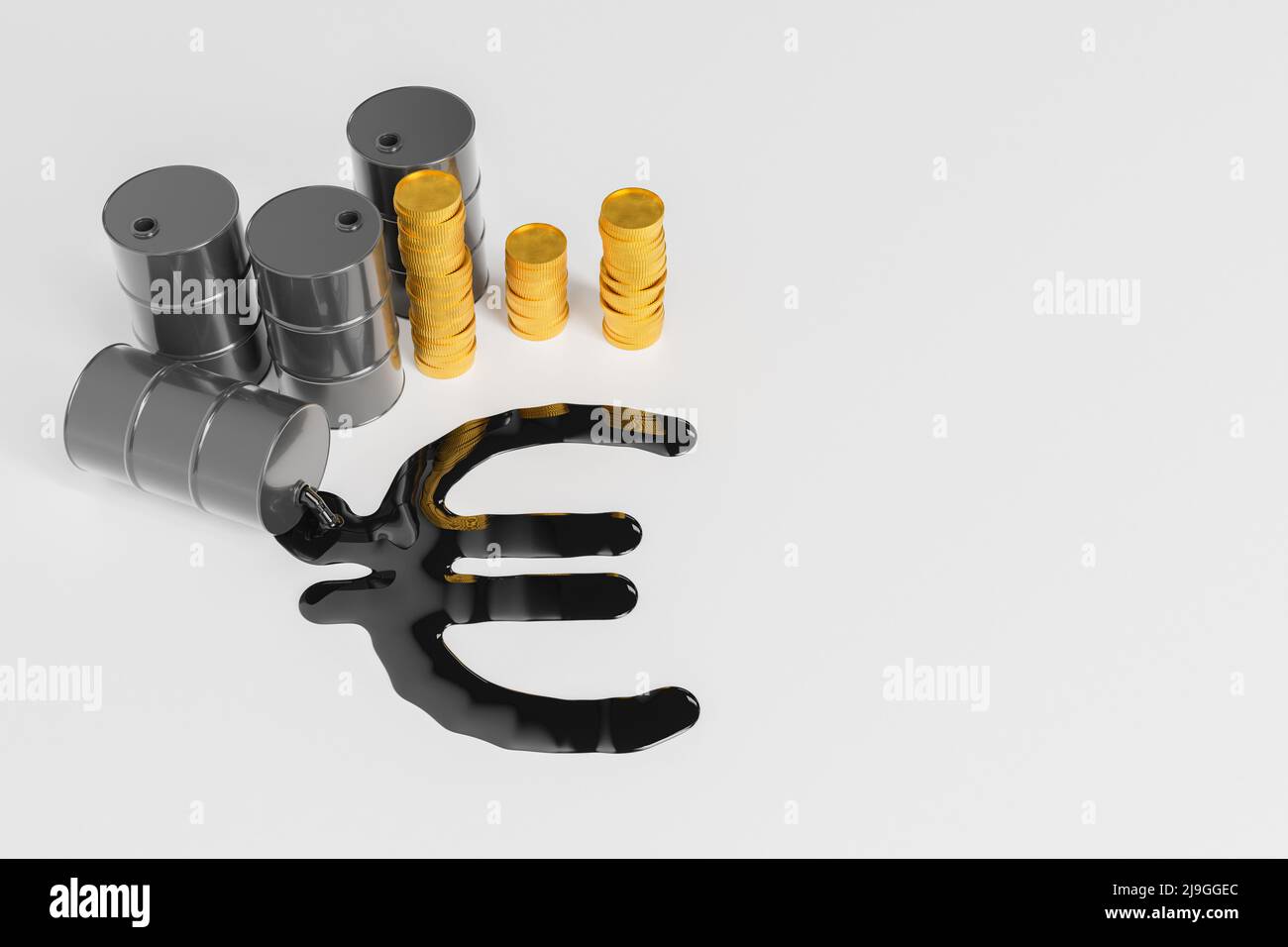 3D illustration of crude oil leaking from barrel and forming euro ...