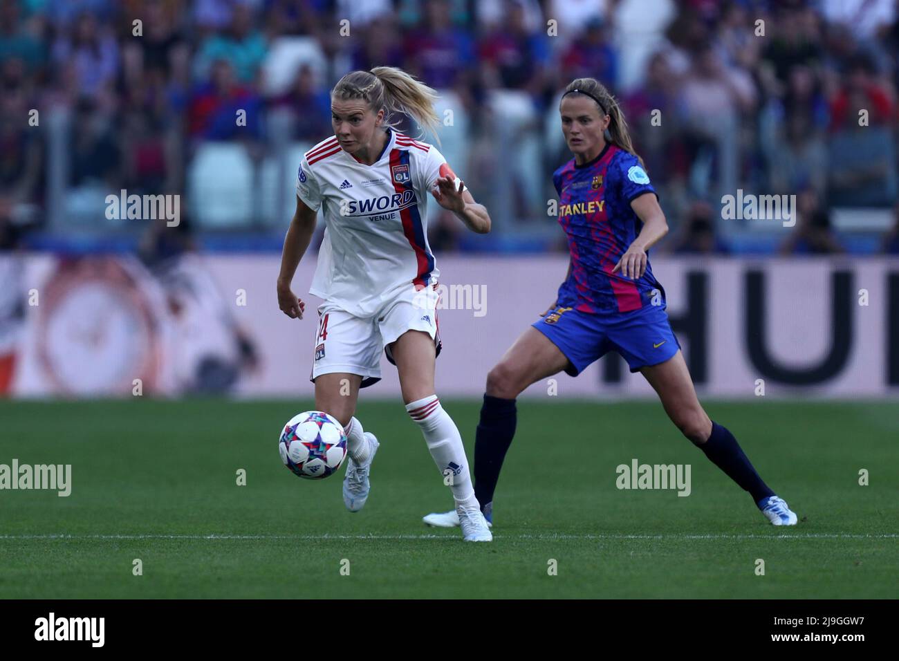 Ada Hegerberg of Olympique Lyon controls the ball during the UEFA Women ...