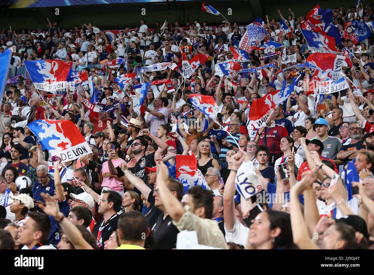 Supporters of Olympique Lyon re seen during the UEFA Women's Champions ...