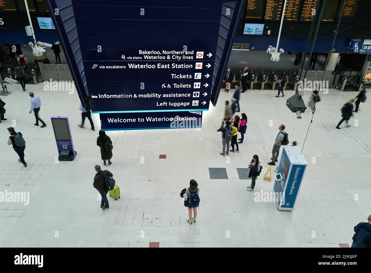 Directions board in the concourse at Waterloo railway station, London ...
