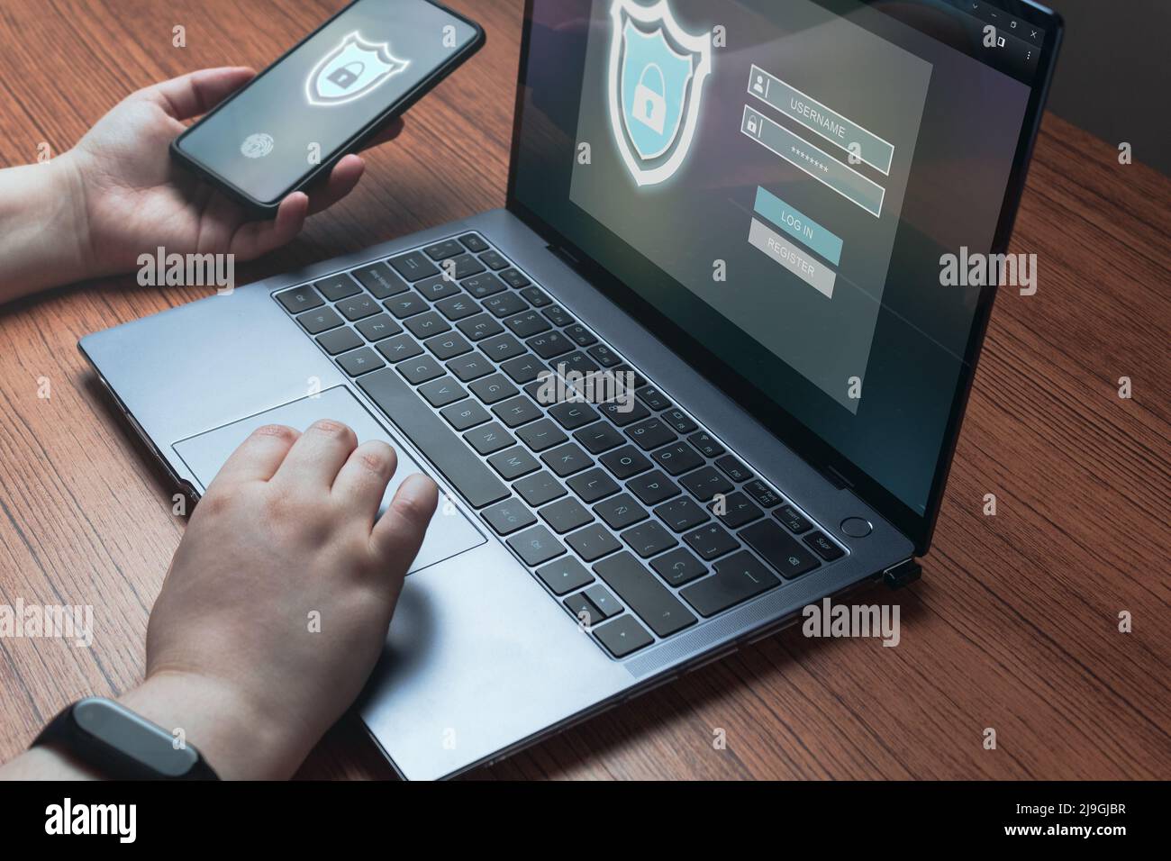 Woman use laptop to logging in personal user information. Security ...