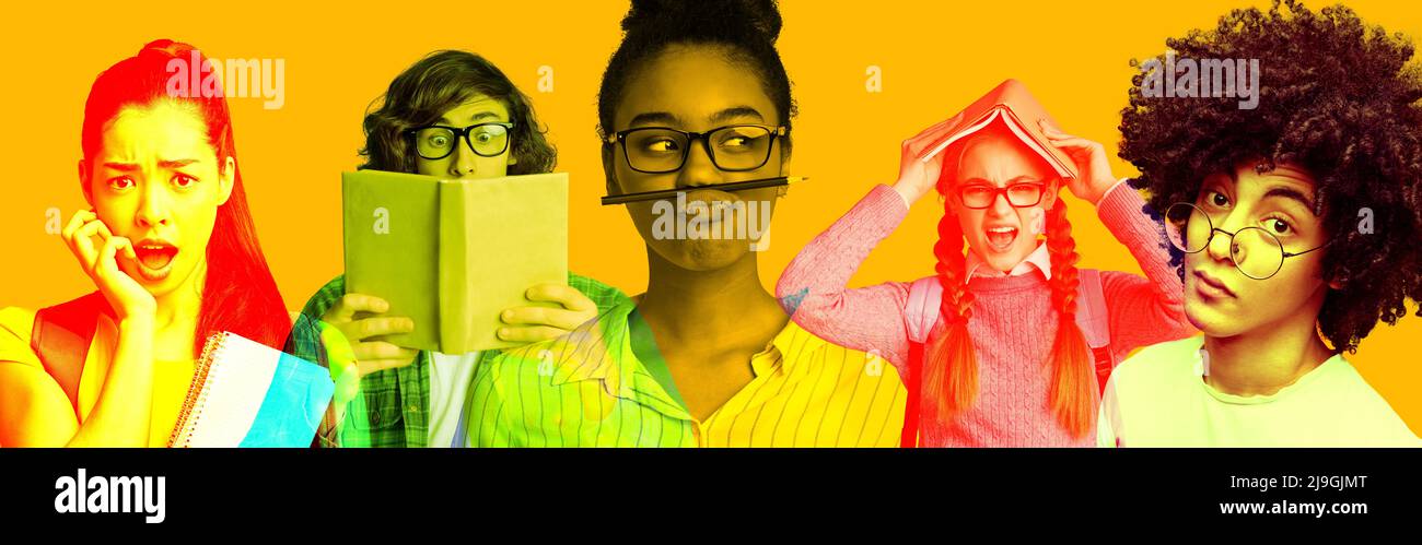 International group of students getting ready for test, collage Stock ...