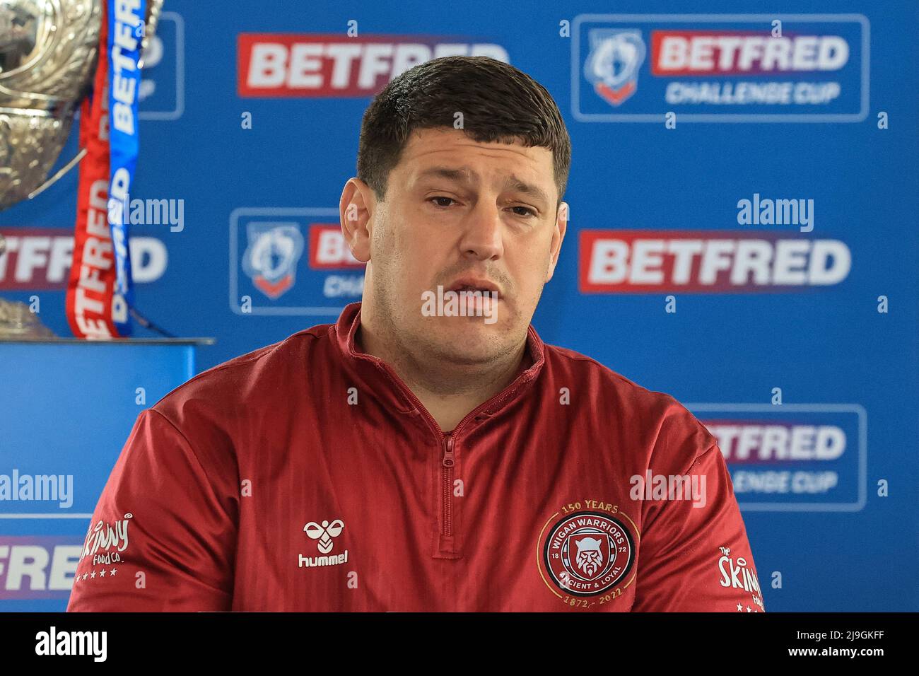 Matt Peet Head Coach of Wigan Warriors speaks to the press at the Cup ...