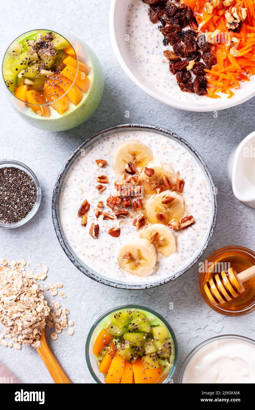 Ready table with high protein healthy breakfast with variety of ...